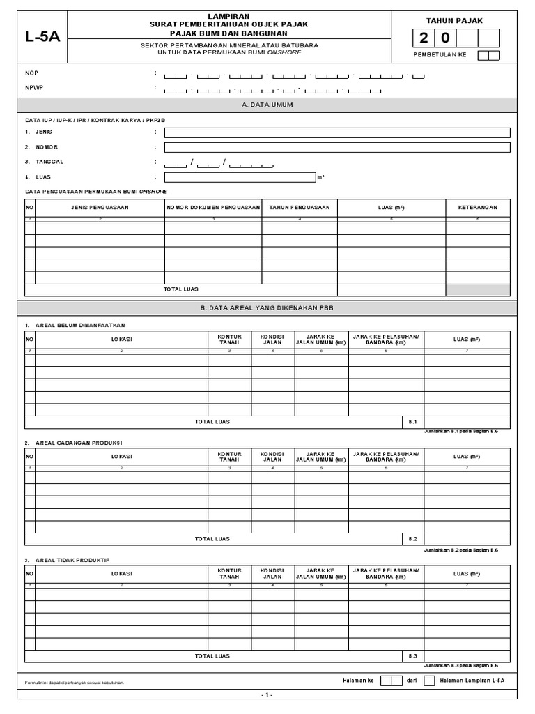 Formulir Lampiran SPOP L-5 PBB Sektor Pertambangan Mineral Atau ...