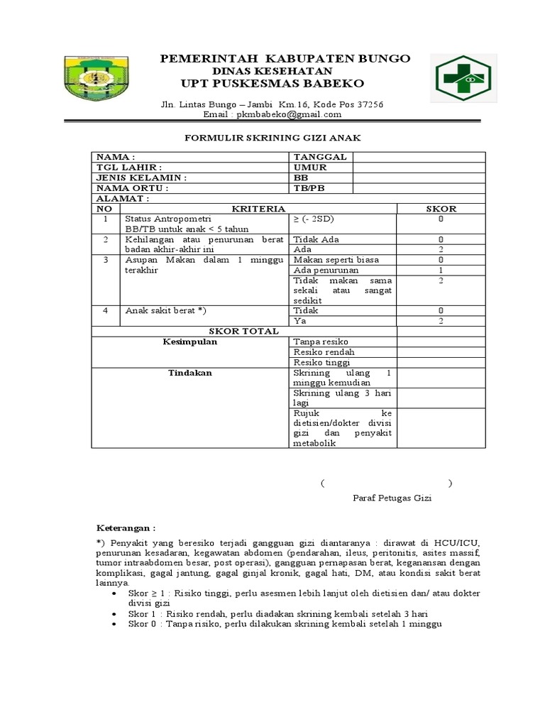 Formulir Skrining Gizi Anak | PDF