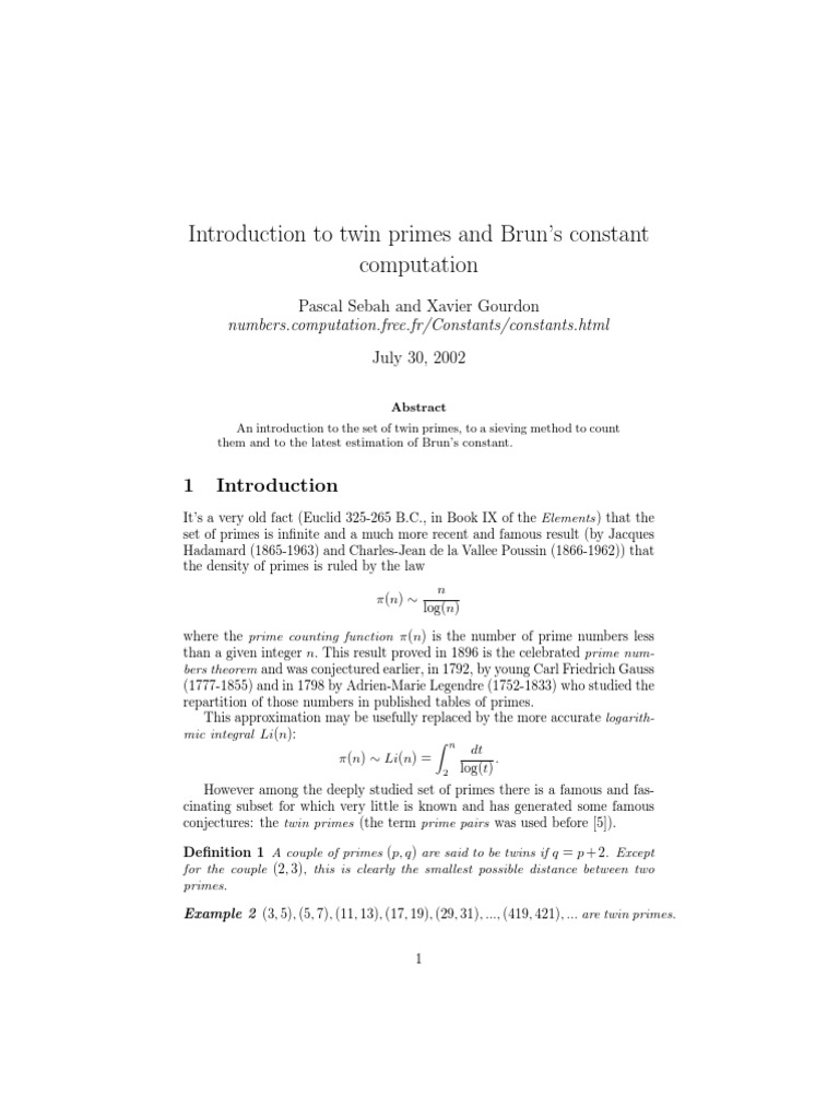 Introduction To Twin Primes and Brun's Constant Computation | PDF | Prime Number | Logarithm