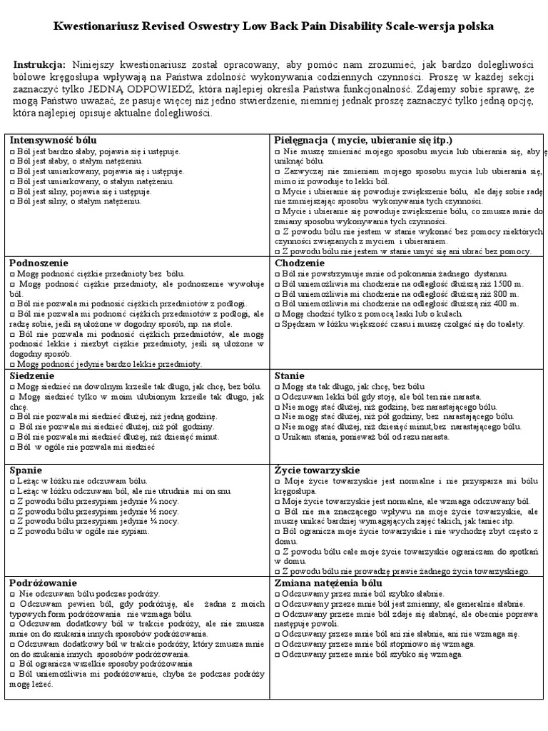 Kwestionariusz Revised Oswestry Low Back Pain Disability Scale-Wersja ...