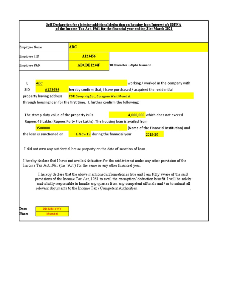 Self-Declaration for 80EEA Deduction | PDF