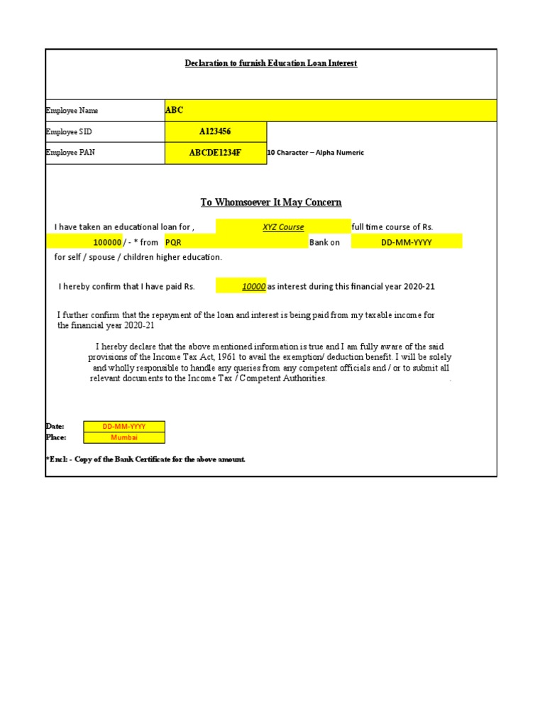 Declaration For Education Loan | PDF