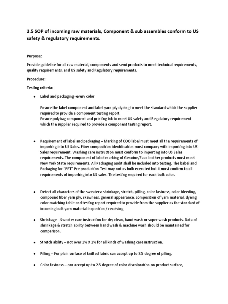 Incoming Raw Materials SOP | PDF | Yarn | Wool