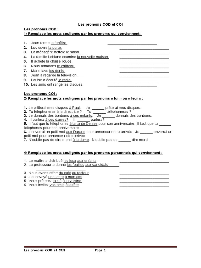 Exercices sur les pronoms COD et COI | PDF | Arts du langage et discipline