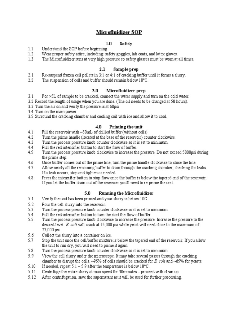 Microfluidizer SOP | PDF | Chemistry | Nature