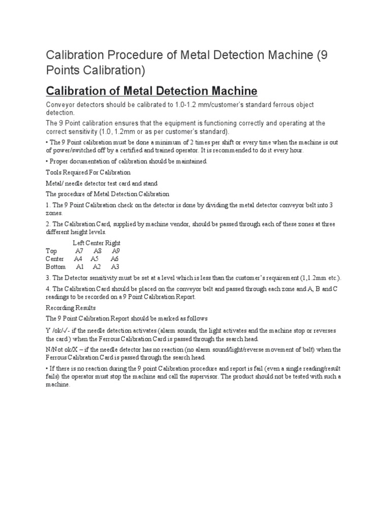 Calibration Procedure of Metal Detection Machine | PDF
