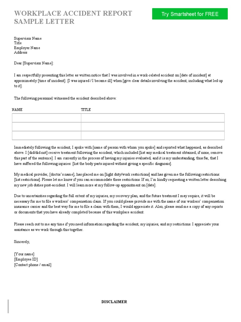 Workplace Accident Report Sample Letter: Name Title | PDF | Law