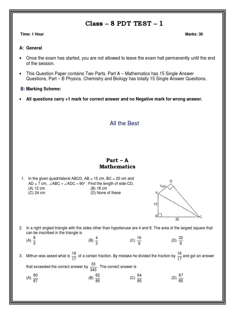 Class - 8 PDT TEST - 1: All The Best | PDF | Rational Number ...