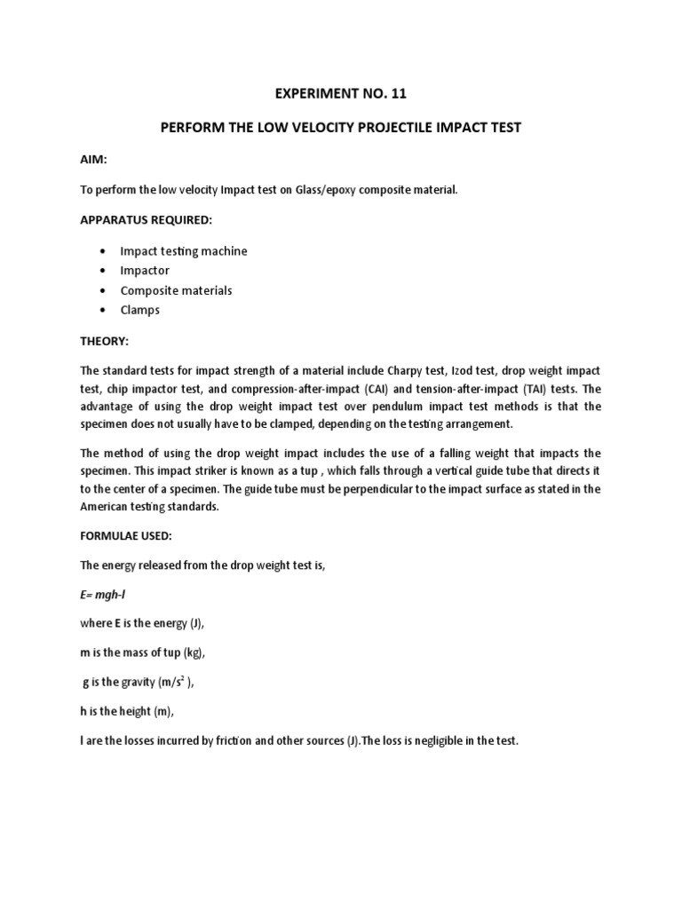 Experiment No. 11 Perform The Low Velocity Projectile Impact Test | PDF