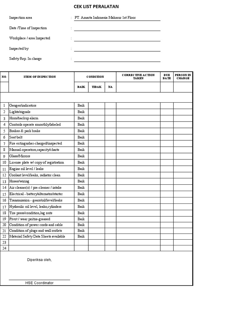 HSE-FM-05 Check List pERALATAN | PDF | Equipment | Manufactured Goods