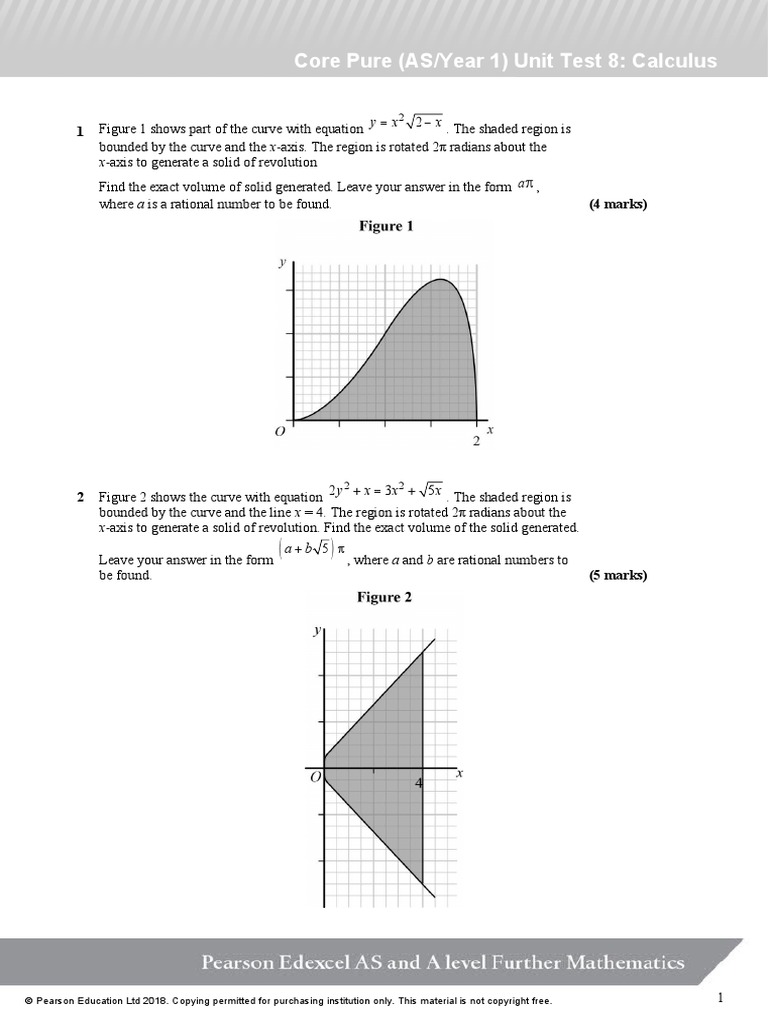 Core Pure Unit Test 8 Calculus | PDF | Volume | Cartesian Coordinate System