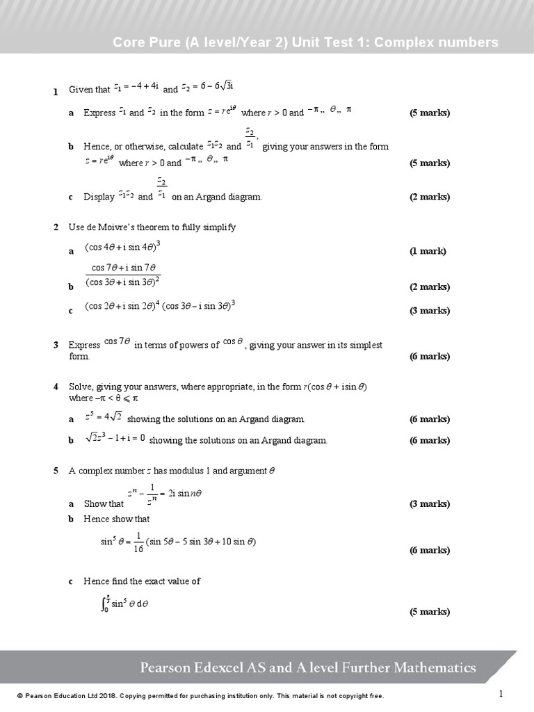 Core Pure (A Level/year 2) Unit Test 1: Complex Numbers | PDF | Complex ...