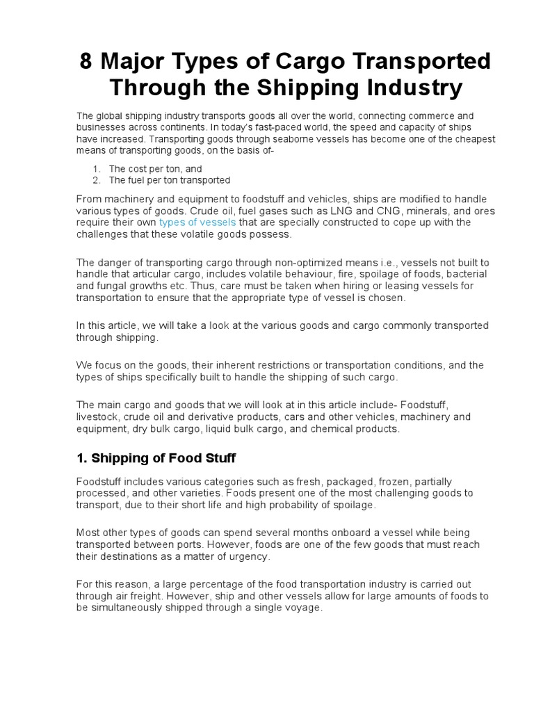 8 Major Types of Cargo Transported Through The Shipping Industry | PDF