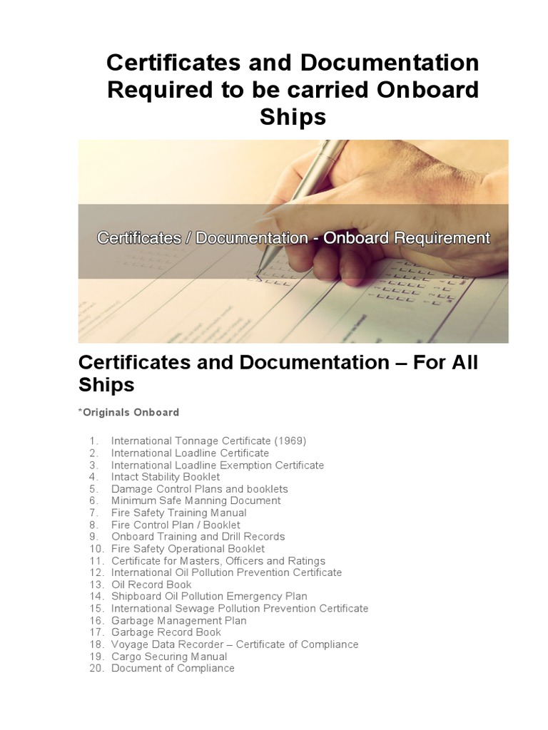 Certificates and Documentation Required To Be Carried Onboard Ships ...