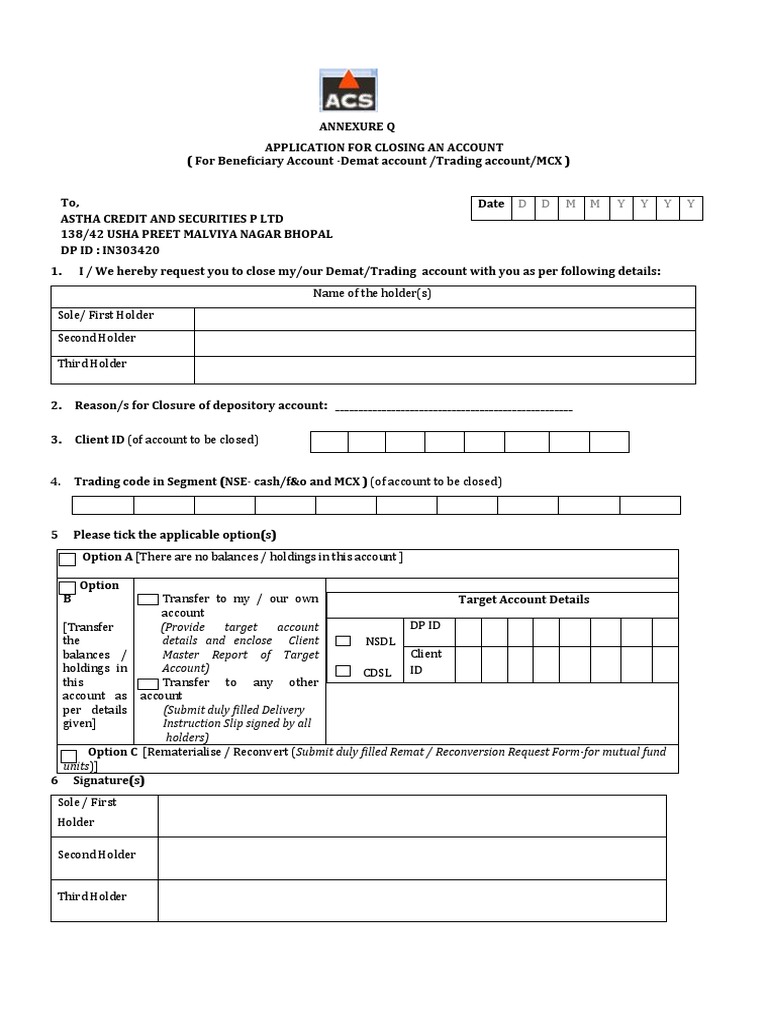 Demat Account Closure Application Form | PDF | Finance & Money Management