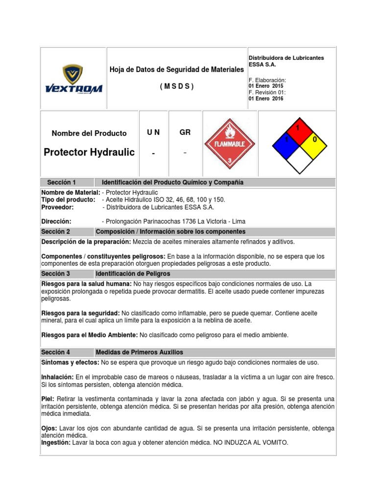 MSDS Protector Hydraulic | PDF | Agua | Ciencias fisicas
