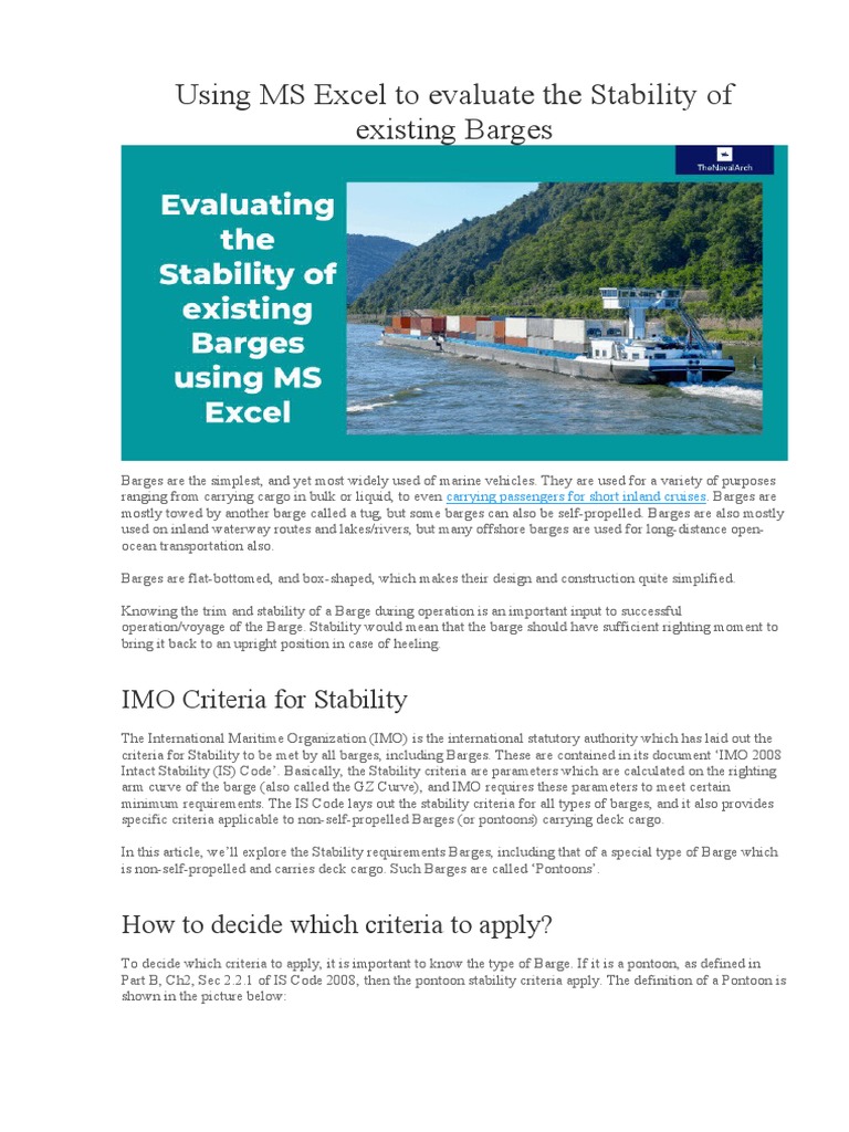 Using MS Excel To Evaluate The Stability of Existing Barges | PDF | Buoyancy | Teaching Mathematics