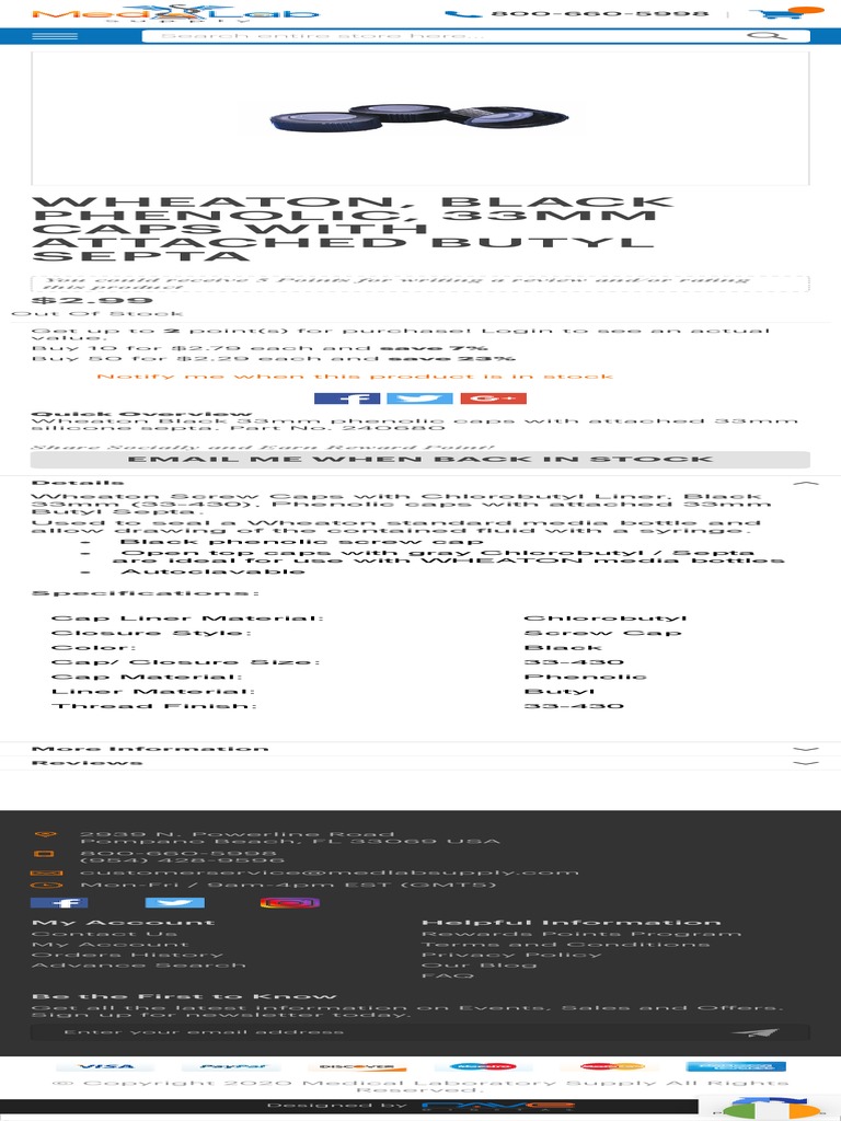 Wheaton, Black Phenolic, 33mm Caps With Butyl Septas (Qty. 1) | PDF