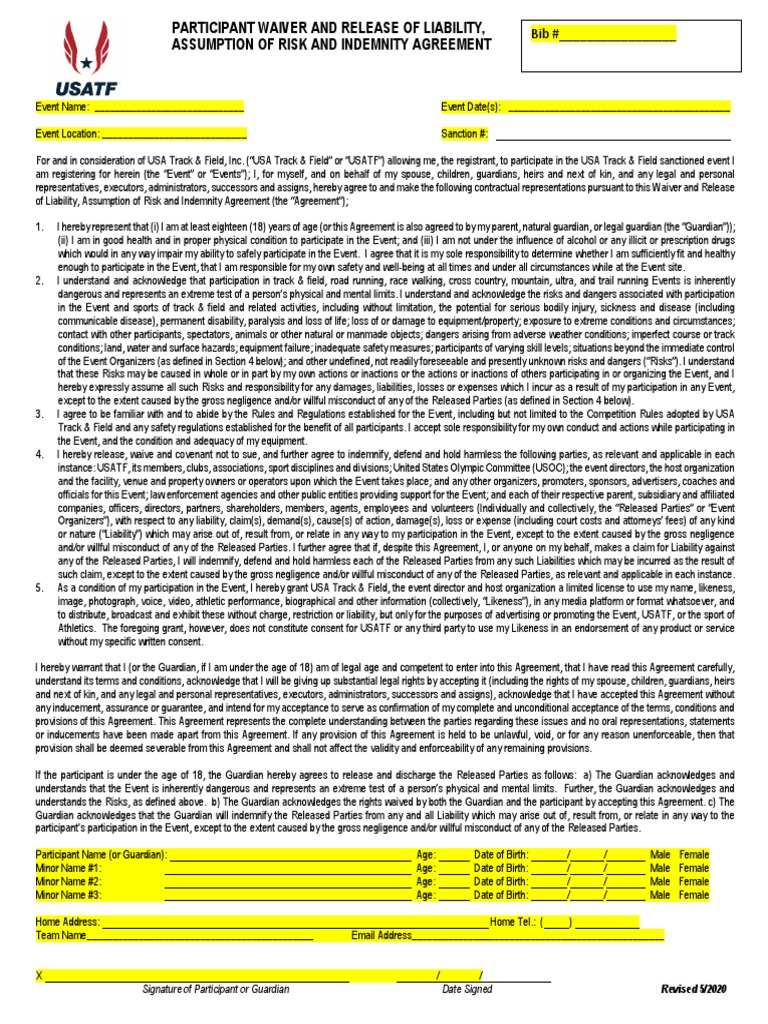 USATF Combined Waiver Electronic Clean 5 2020 FINAL | PDF | Indemnity ...
