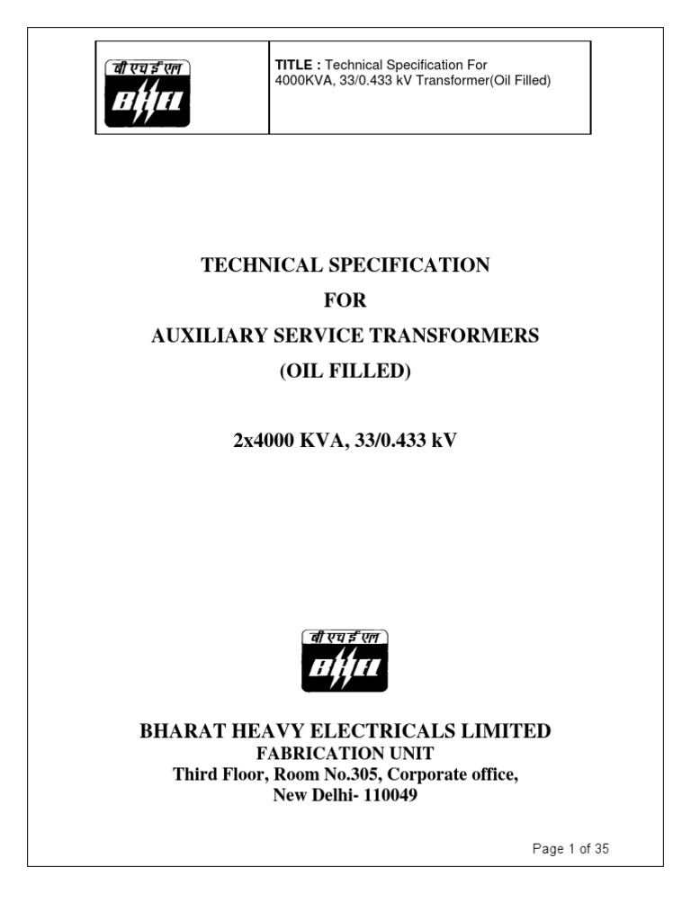 Tech Spec Transformer 4 Mva Pdf Transformer Specification Technical Standard