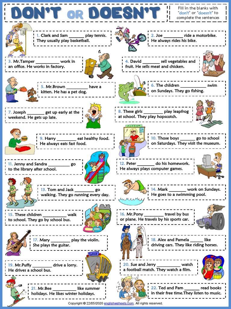 Present Simple Dont or Doesnt Esl Printable Gap Fill Exercise Worksheet ...