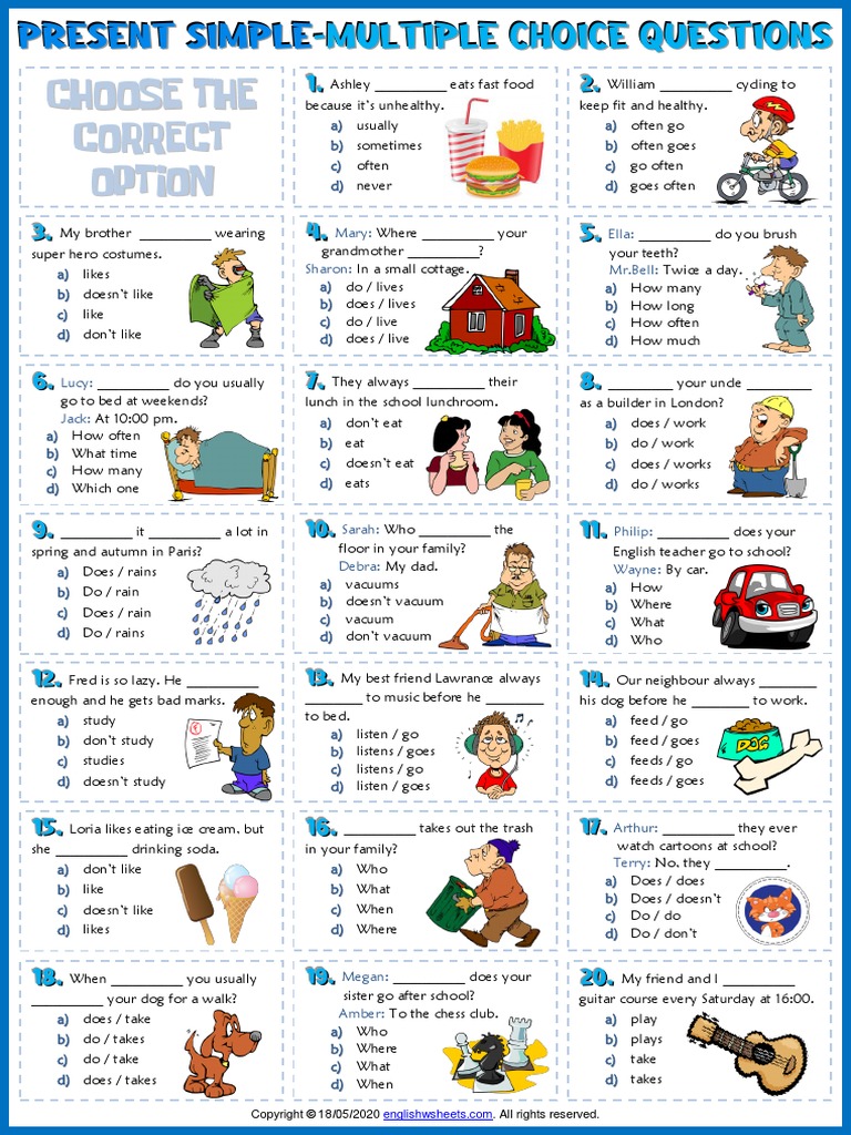 Present Simple Esl Printable Multiple Choice Questions Worksheet PDF ...