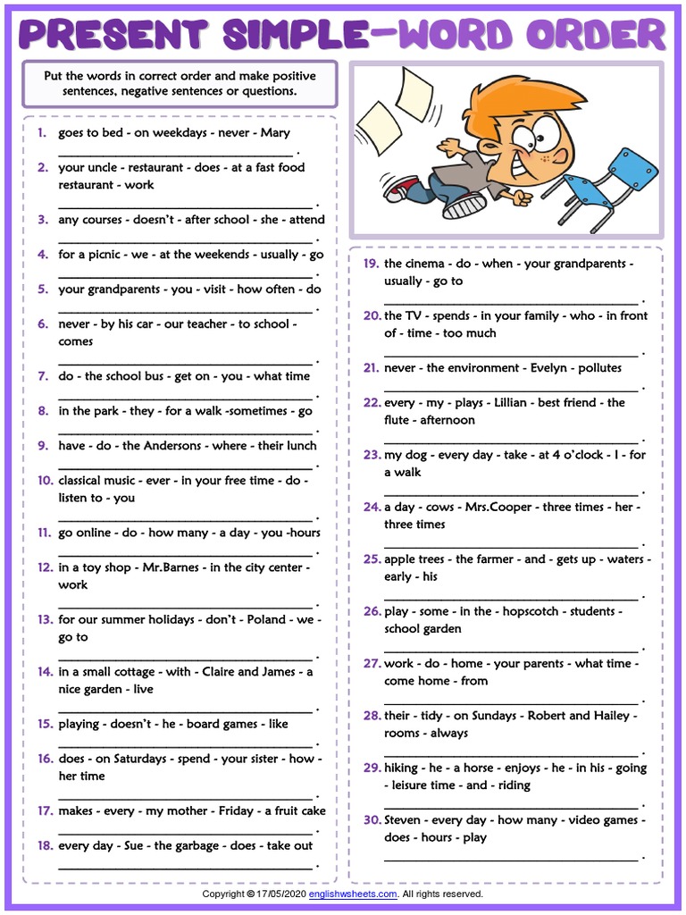 Present Simple Tense Esl Printable Word Order Exercise Worksheet PDF ...