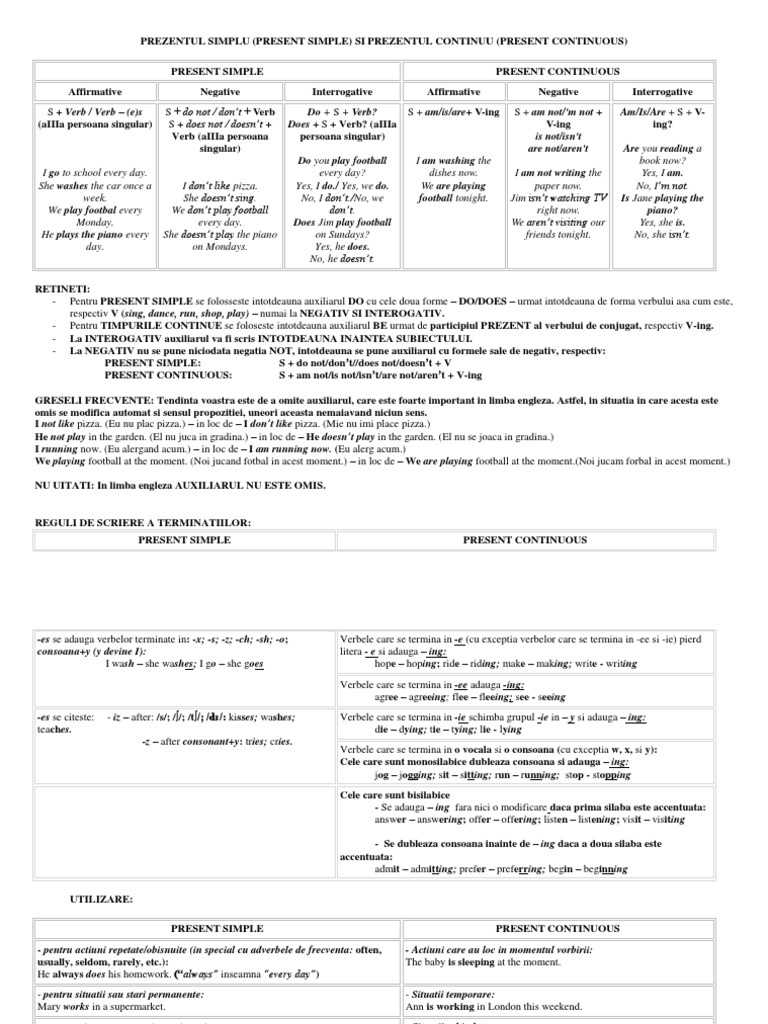 Prezentul Simplu Si Prezentul Continuu PDF | PDF | Language Mechanics | Semantics