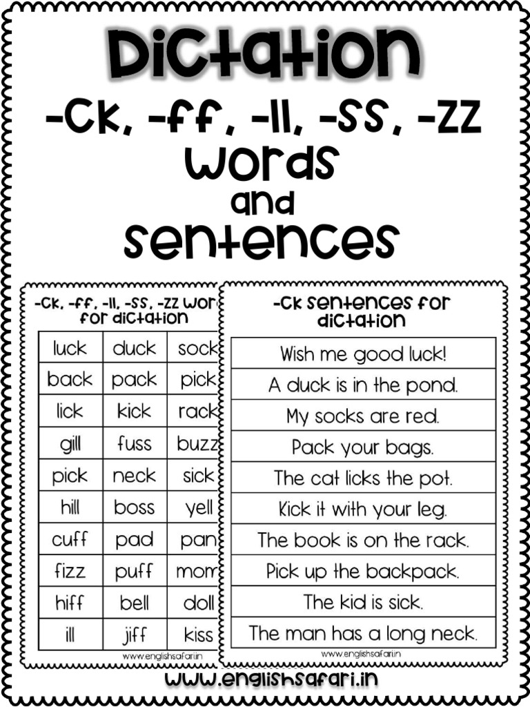CK, - FF, - LL, - SS, - ZZ Words Sentences: Dictation | PDF | Business