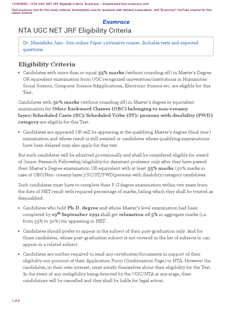 NTA UGC NET JRF Eligibility Criteria | PDF | Postgraduate Education ...