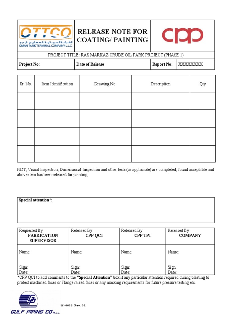 Inspection Release Note for Painting | PDF | Computers | Technology ...