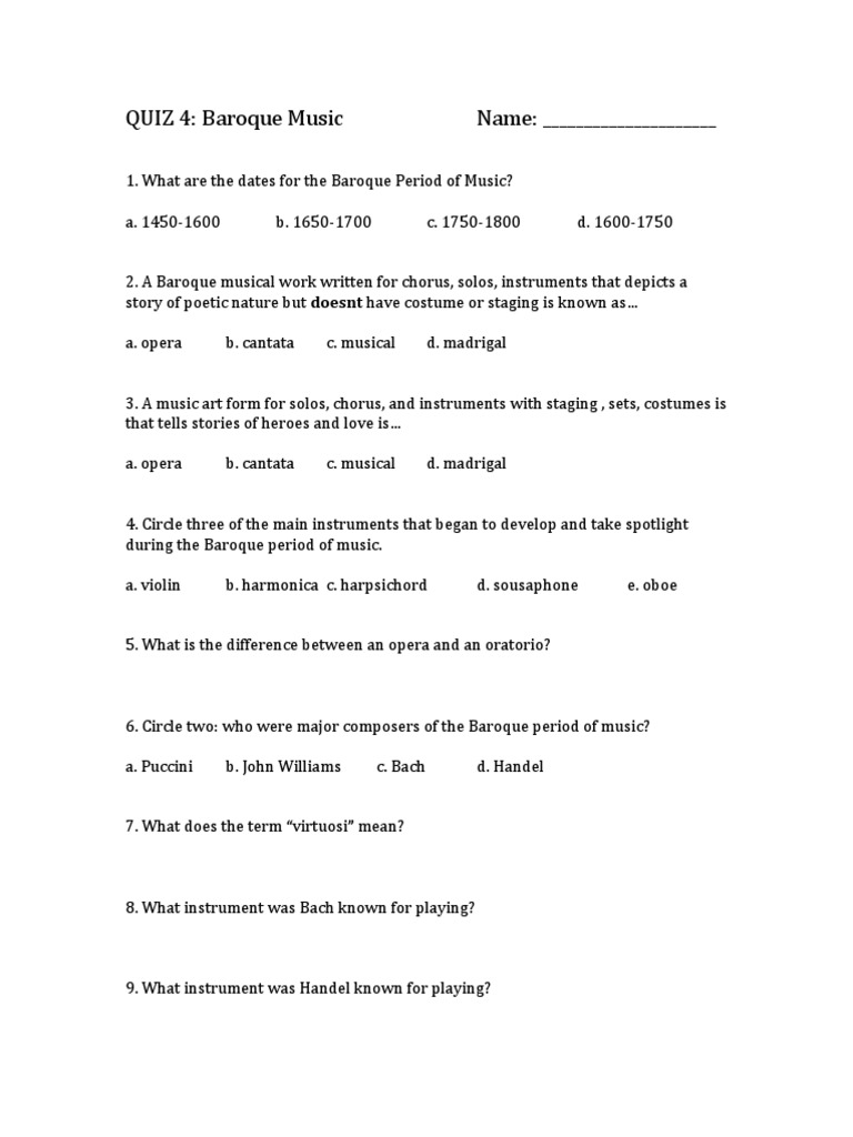 QUIZ 4: Baroque Music Name | PDF | Art