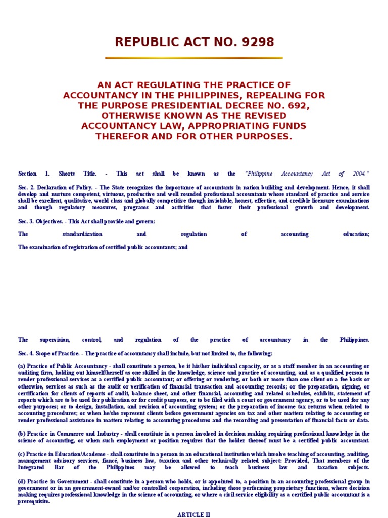 REPUBLIC ACT NO 9298-Revised Accountancy Law | PDF | Certified Public ...