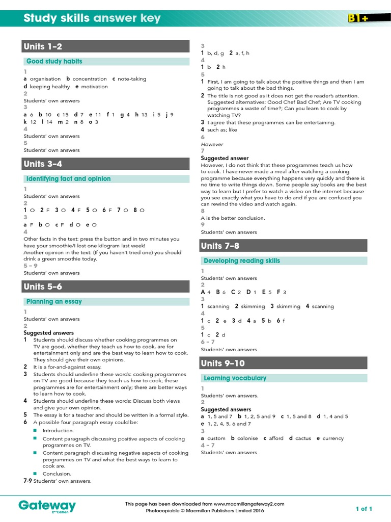 B1+ Study Skills Answer Key | PDF | Speed Reading | Human Communication