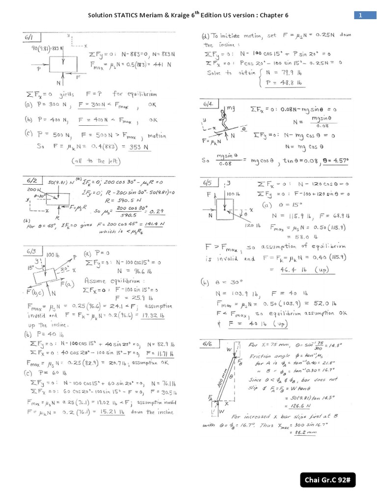 Statics Solutions: Meriam & Kraige Ch. 6 | PDF