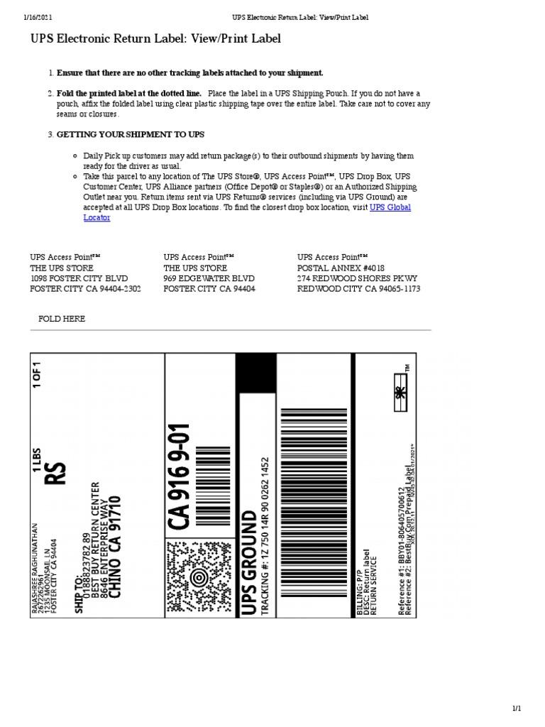 UPS Electronic Return Label - View - Print Label PDF | PDF