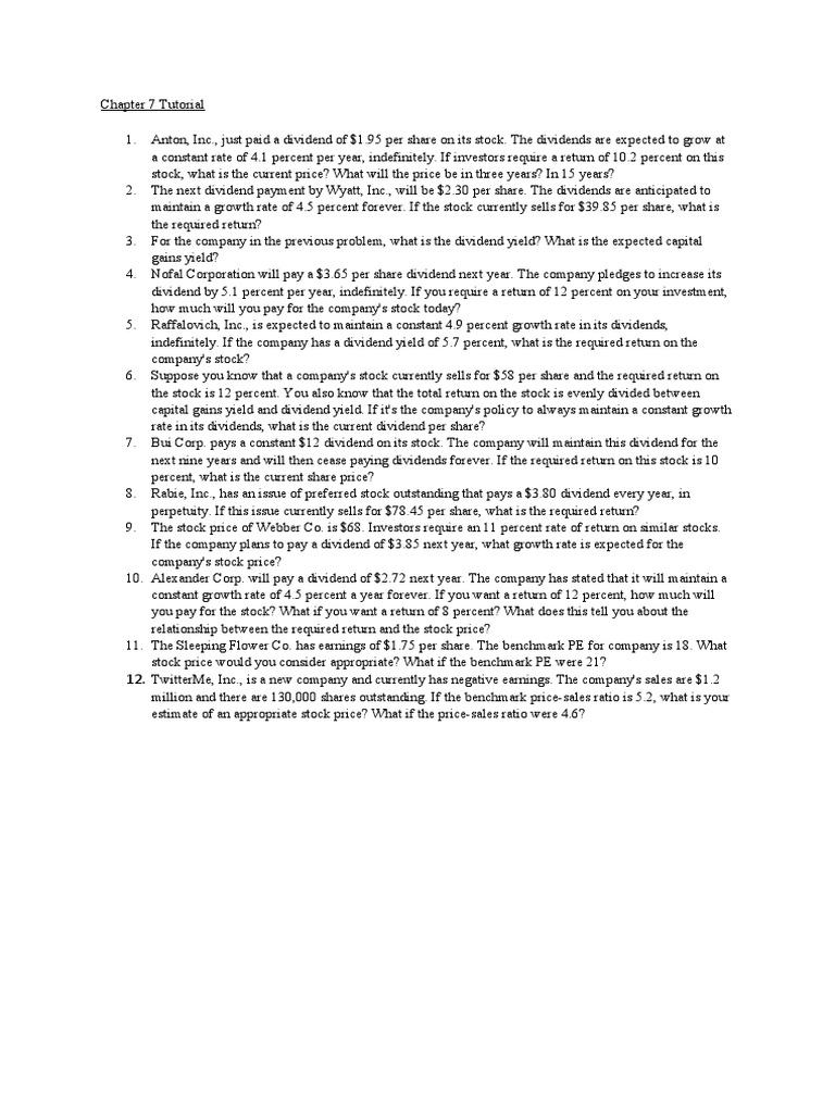 Chapter 7 Tutorial Equity Valuation | PDF | Stocks | Yield (Finance)