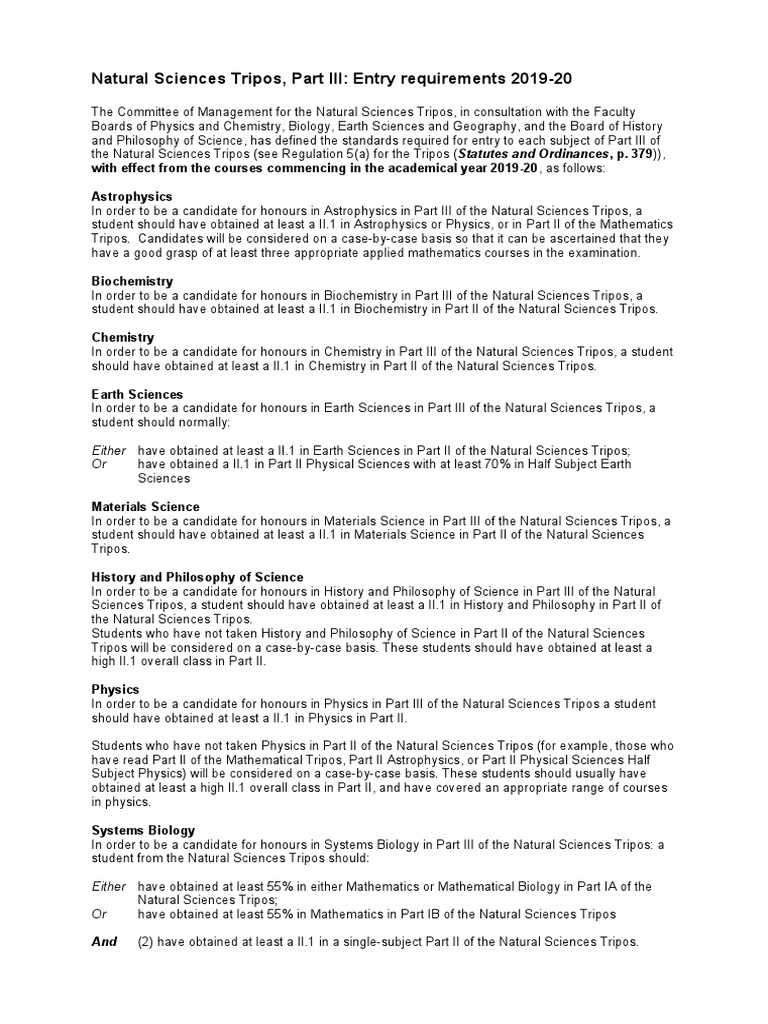 NST Part III Entry Requirements 19-20 | PDF | Natural Sciences | Science