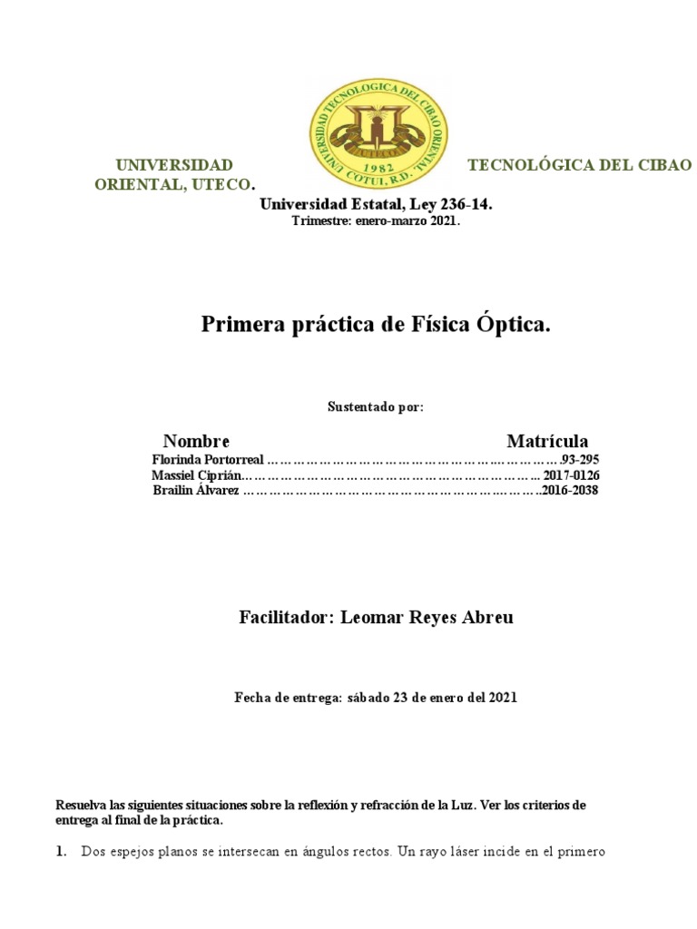 1ra Practica Grupal Fisica Optica | PDF | Reflexión (Física) | Refracción