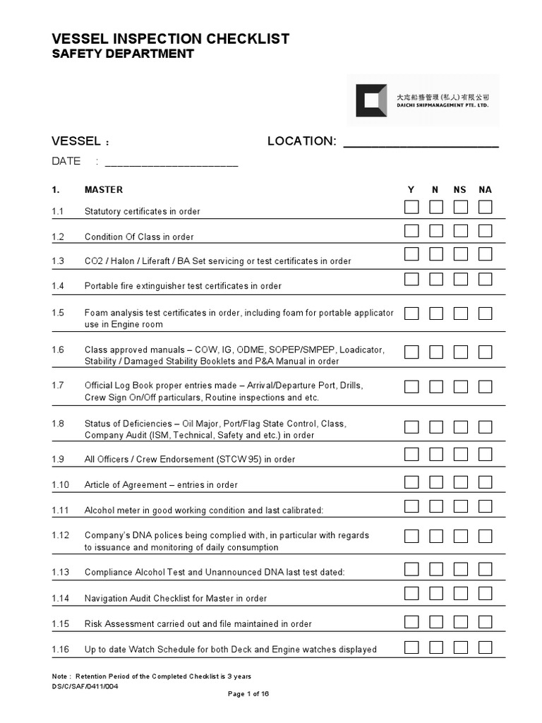 Vessel Safety Inspection Checklist | PDF | Navigation | Pump