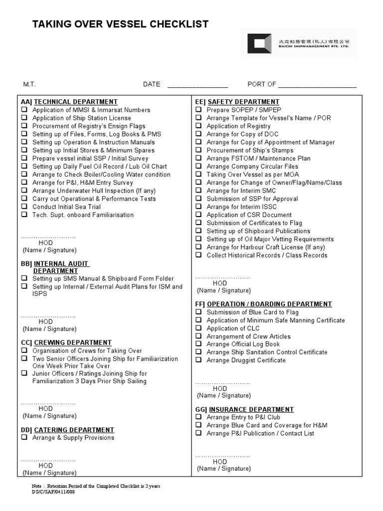 Vessel Takeover Checklist Guide | PDF | Watercraft | Water Transport