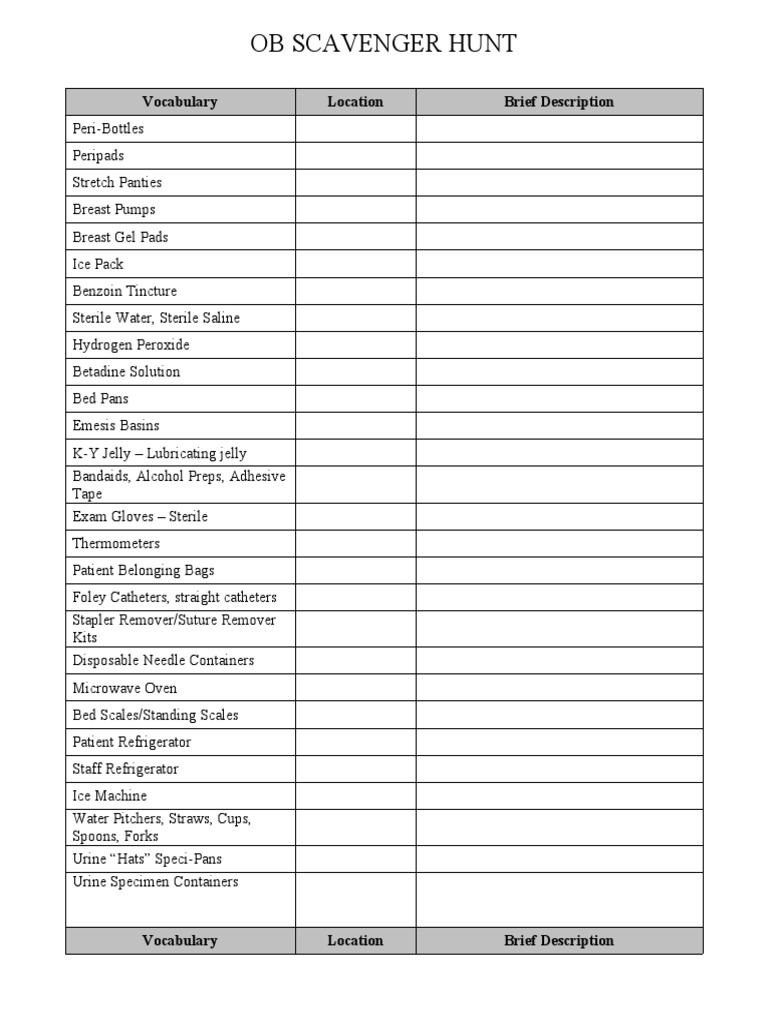 Ob Scavenger Hunt: Vocabulary Location Brief Description | PDF