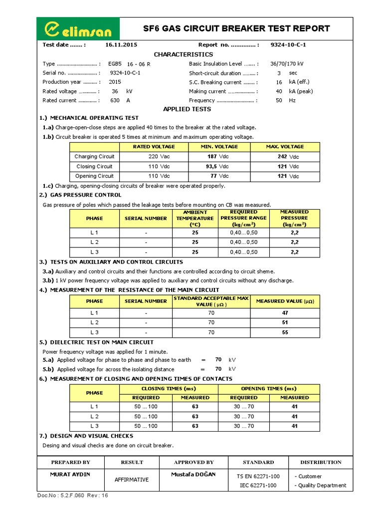 Sf6 Gas Circuit Breaker Test Report: Characteristics | PDF | Electrical ...
