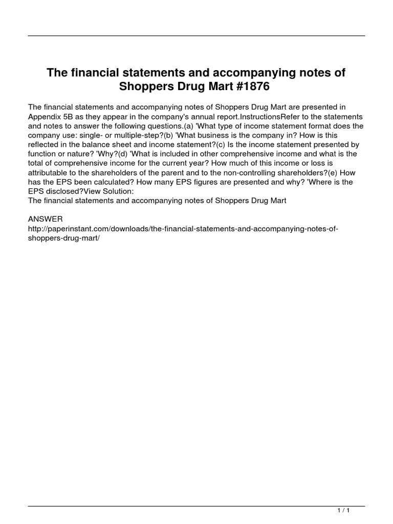 The Financial Statements and Accompanying Notes of Shoppers Drug Mart ...
