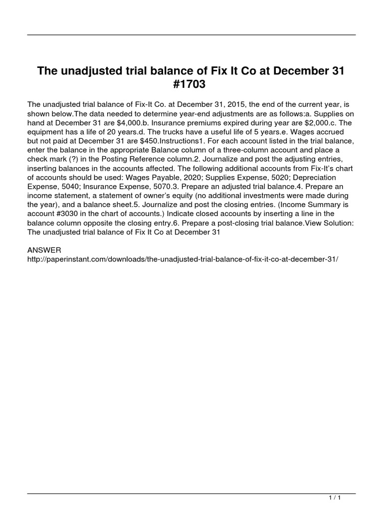 The Unadjusted Trial Balance of Fix It Co at December 31 PDF | PDF