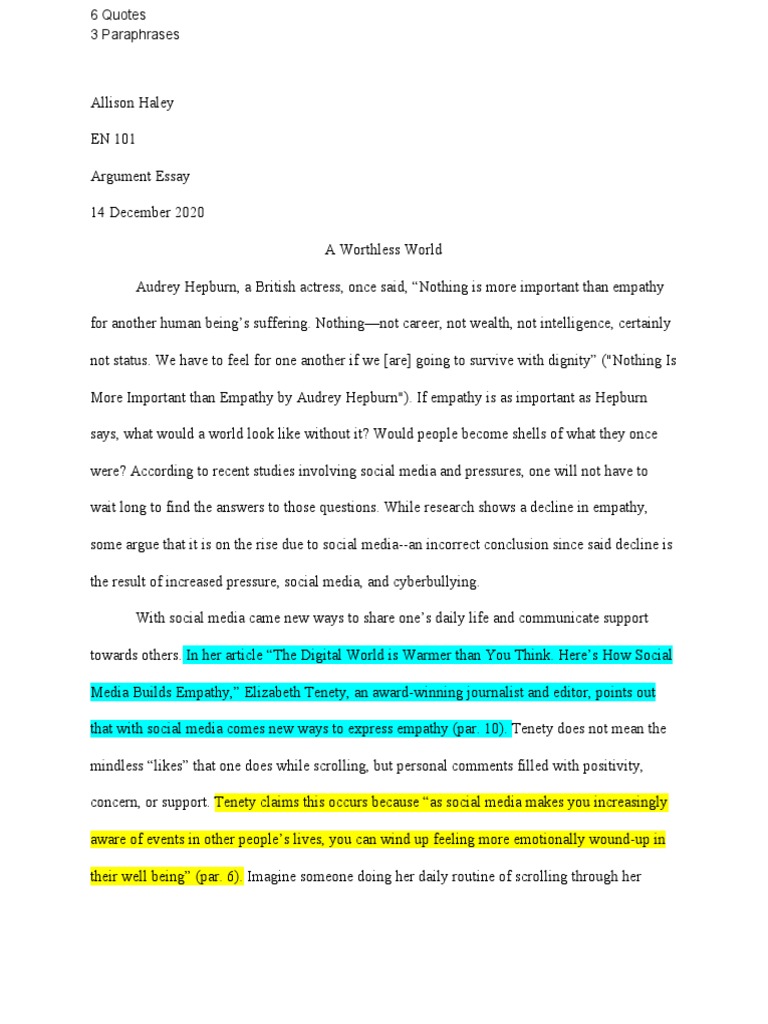 Allison Haley - Argument Essay Rough/Final Draft | PDF | Narcissism ...