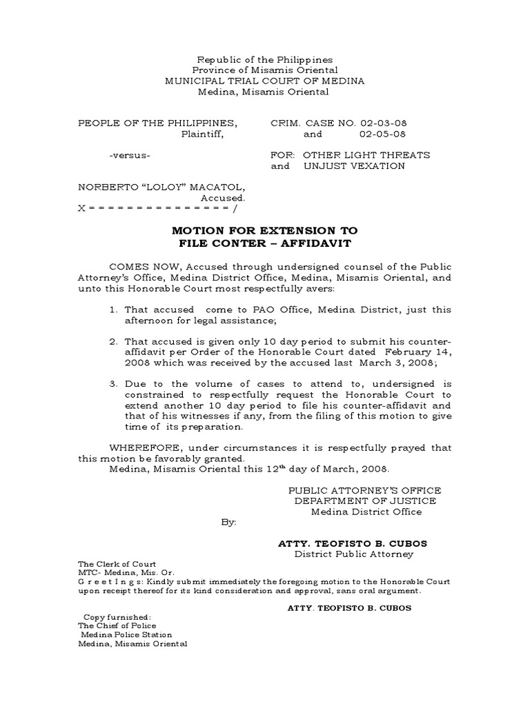 Motion For Extension To File Conter - Affidavit: Atty. Teofisto B ...