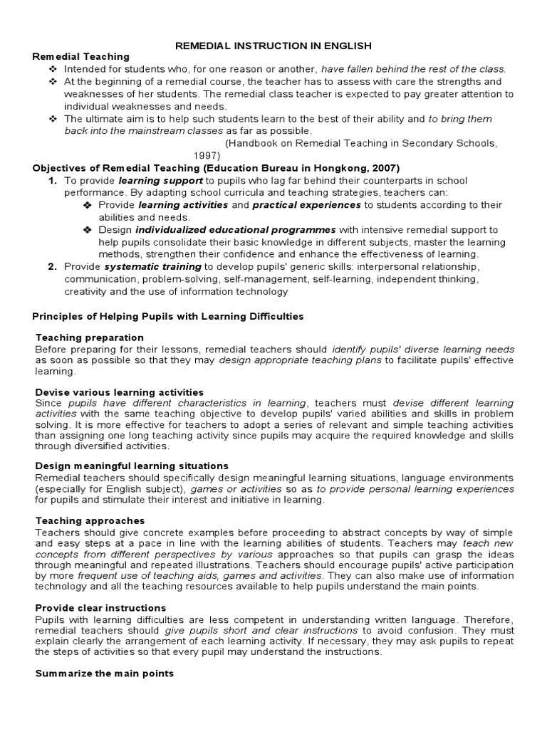 Remedial Instruction in English Final Handout 1 | PDF | Phonics | Teachers