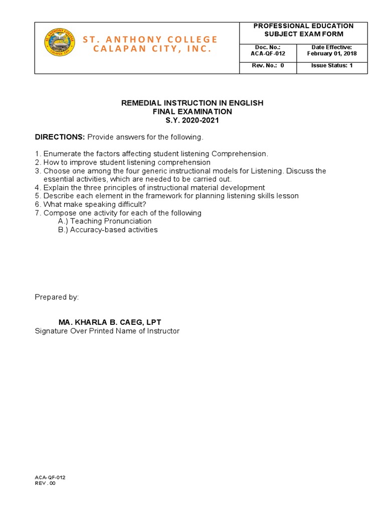 Final Examination - Remedial Instruction | PDF