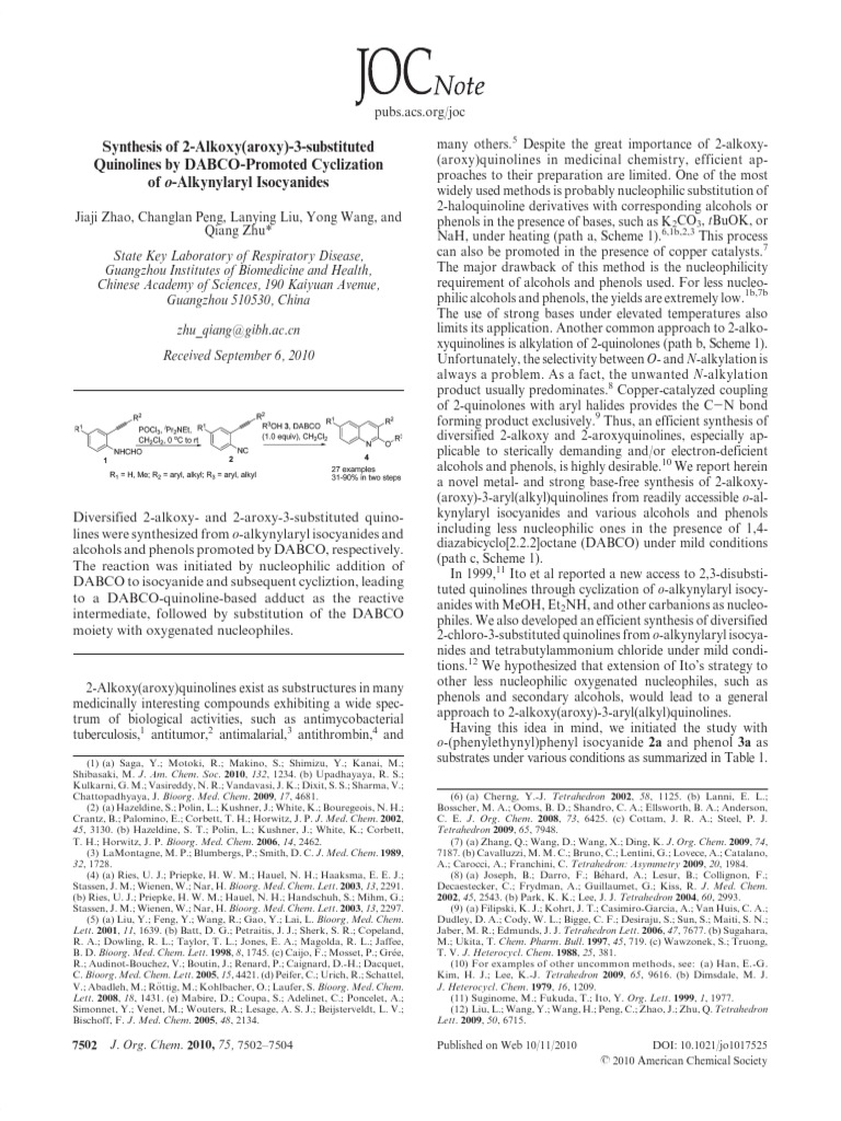 Synthesis of 2-Alkoxy (Aroxy) - 3-Substituted Quinolines by DABCO ...